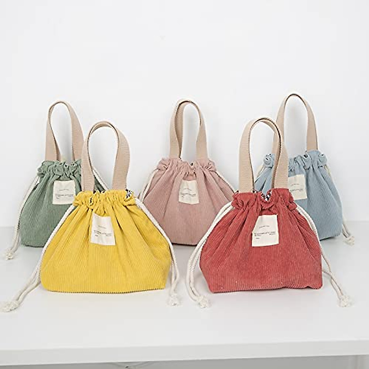 CHERSE Corduroy Lunch Bag for Women Lunch Box Aesthetic Lunch Bag Drawstring Cute Hand Bag Pastel Supplies (Drawstring Green)