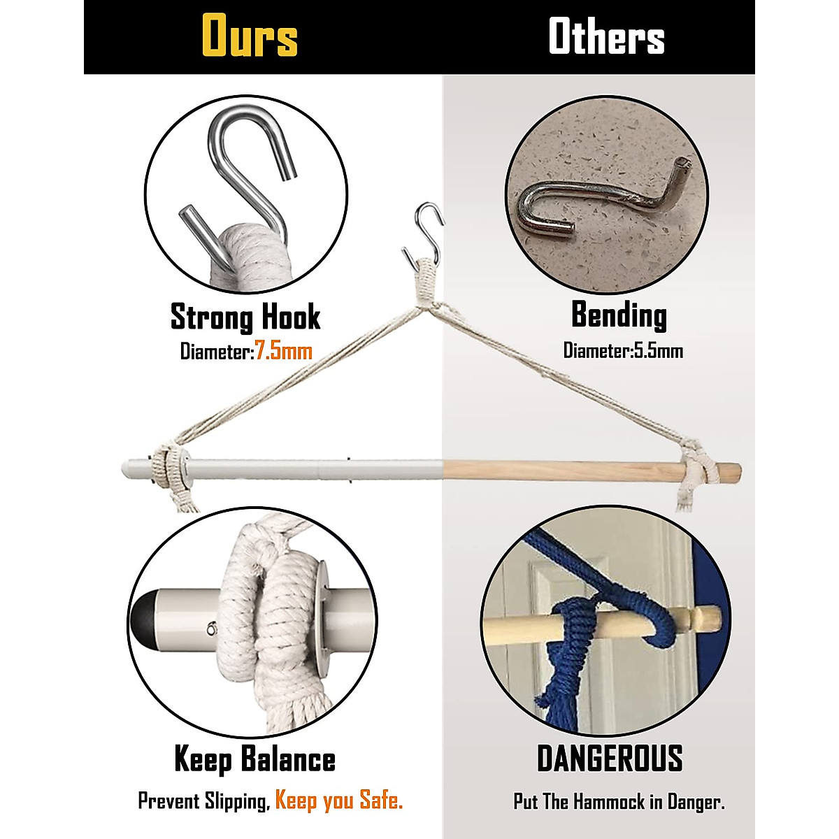 XXL Hammock Chair Hanging Rope Swing with 2 Cushions - Max 500lbs-Perfect for Patio, Porch, Bedroom, Backyard, Indoor or Outdoor - Includes Hanging Hardware Kits