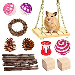 Joyeee Hamster Chew Toys Set 11 Pack, Small Animal Molar Toys Teeth Care Natural Wooden Accessories for Guinea Pigs,Chinchillas,Gerbils,Mice,Rats,and Other Small Animals
