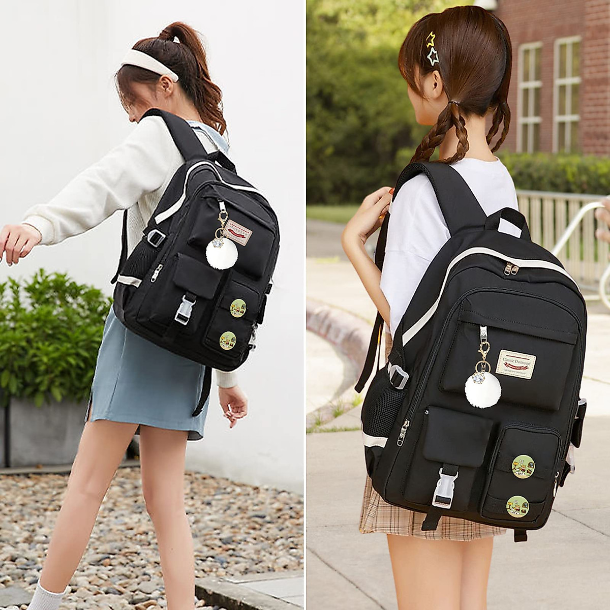 Backpack for Teen Girls Aesthetic School Backpack for College Middle High Elementary School Laptop Backpacks 15.6 Inch Cute School Bag Lightweight Waterproof Bookbag Women Casual Daypack (Black)