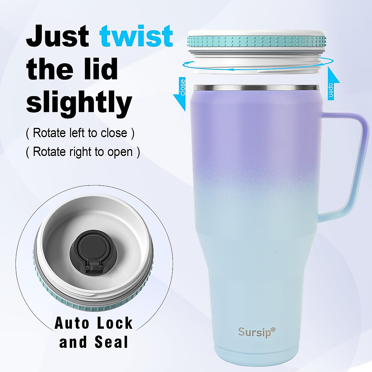 Sursip 50 oz Tumbler with Handle and Straw Lid - Stainless Steel Vacuum Insulated Coffee Cup Travel Mug, Keeps Drinks Cold up to 24 Hours - Sweat Proof, Dishwasher Safe, Cupholder Friendly - White