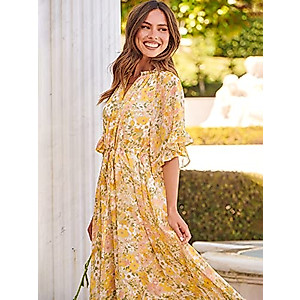 ANRABESS Women's Summer Ruffle Maxi Dress Floral Print 3/4 Bell Sleeve V Neck High Waist Flowy Boho Long Dress 746fenhuang-XL