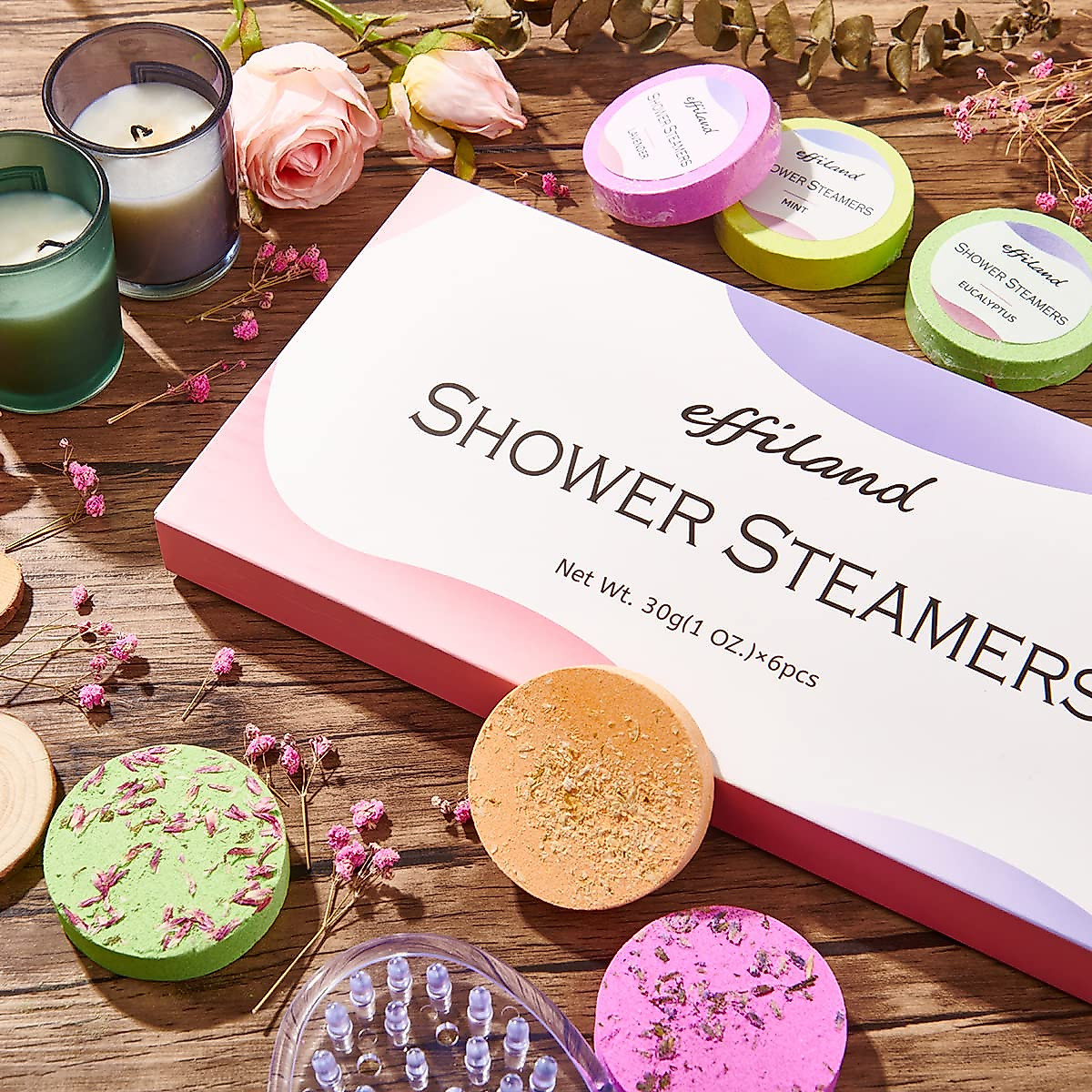 Effiland Aromatherapy Shower Steamers and Soap Holder Set, 6-Pack Shower Bombs with Essential Oils,Bath Gift for Women and Men Relaxing, Lavender, Eucalyptus, Peppermint, Orange Self Care Shower Set