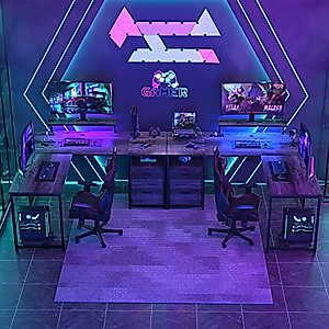 Unikito L-Shaped Desk with Power Outlet and LED Strip, L Shaped Computer Corner Desk with Reversible File Drawer and Monitor Stand, Gaming Table Writing Desk for Home Office Workstation, Black Oak
