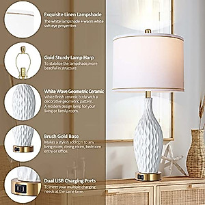 Vpazg White Table Lamp Set of 2, 3-Way Dimmable Touch Control Gold Bedside Lamps with USB Ports, 27inch Modern Ceramic Nightstand Lamp for Bedroom Living Room, Linen Shade (LED Bulb Included)