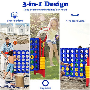 Costzon Giant 4-in-A-Row, Jumbo 4-to-Score Giant Game w/Basketball Hoop, Ring Toss, Quick-Release Slider, 42 Jumbo Rings, Indoor Outdoor Family Connect Game for Kids & Adults, Backyard Games, Red
