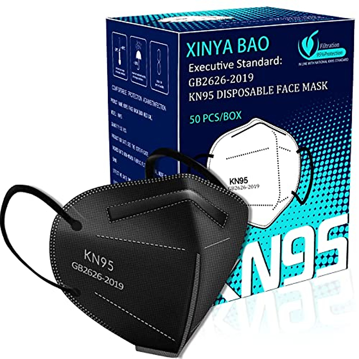 XINYA BAO KN95 Face Masks, Breathable Comfortabl, Adults Black KN95 Masks, 5-Ply Breathable Safety Masks Against PM2.5, Filter Efficiency ≥95%, Packs of 50 PCS.