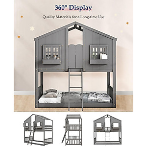 Tatub House Bunk Bed Twin Over Twin Floor Bunk Bed Wood Treehouse Bunk Bed with Ladder, Roof, Windows, Door and Storage, House Bunk Beds Frame for Kids Teens