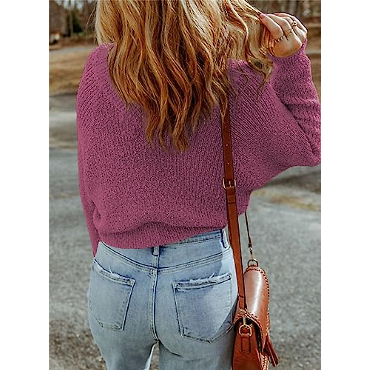 Dokotoo Solid V Neck Cropped Sweaters for Women Fall Casual Long Sleeve Knitted Pullover Jumper Tops Red Medium