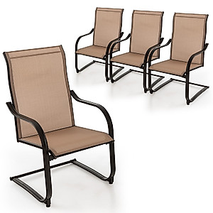 Tangkula 4 Pieces Patio Dining Chairs, Outdoor C Spring Motion Dining Chair Set w/Armrests & Neck Support, High Back Weather Resistant Steel Chairs w/Breathable Fabric for Pool, Lawn, Backyard (4)