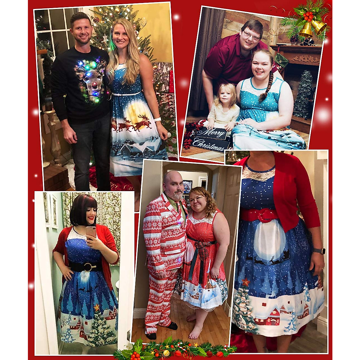 UNIFACO Women Plus Size Christmas Dress Sleeveless High Waist Lace Round Neck Funny Color Bulb Print Flared Swing Aline Black Dress