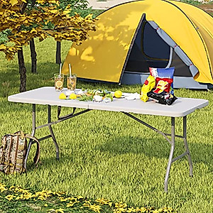 DlandHome Folding Table 6ft, Heavy Duty Plastic Foldable Table with Handle,Plastic Dining Table Indoor Outdoor for Camping, Picnic and Party,Fold-in-Half,White