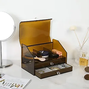 MyGift Amber Acrylic Jewelry Box, Modern Retro Style 2 Storage Drawer Ring, Necklace, Bracelet, Earring Organizer with Velvet Jewelry Tray Liners