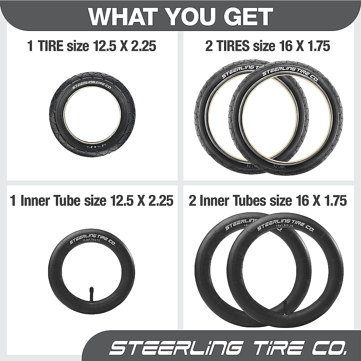 Baby Jogging Stroller Tire and Inner Tube Replacement Set - Two 16" x 1.75 Rear & One 12.5" x 2.25 Front TUBES and TIRES - Great for BOB Revolution, Alterrain & Stroller Strides! by Steerling Tire Co.