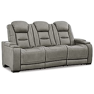 Signature Design by Ashley The Man-Den Leather Power Reclining Sofa with Adjustable Headrests & Wireless Charging, Gray