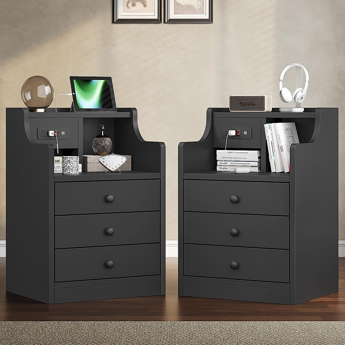 Tiptiper Black Nightstand with Charging Station 3 Drawers, Wood Sofa End Side Table with USB Ports and Outlet, Bedside Table Bedroom Nightstand with Sliding Drawer & Hutch