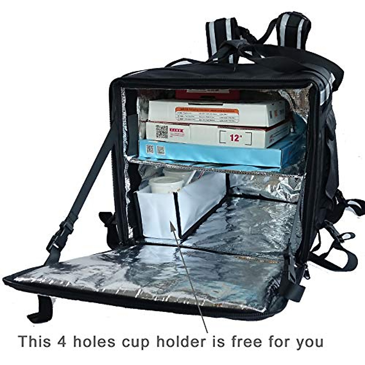 PK-92Z: Big Insulated Pizza Delivery Bag with Cup Holder, 16" L x 16" W x 16" H, Thermal Food Delivery Box For Scooter, Heat Insulated Food Delivery Bag For Bike, Side Loading, 2-Way Zipper Closure