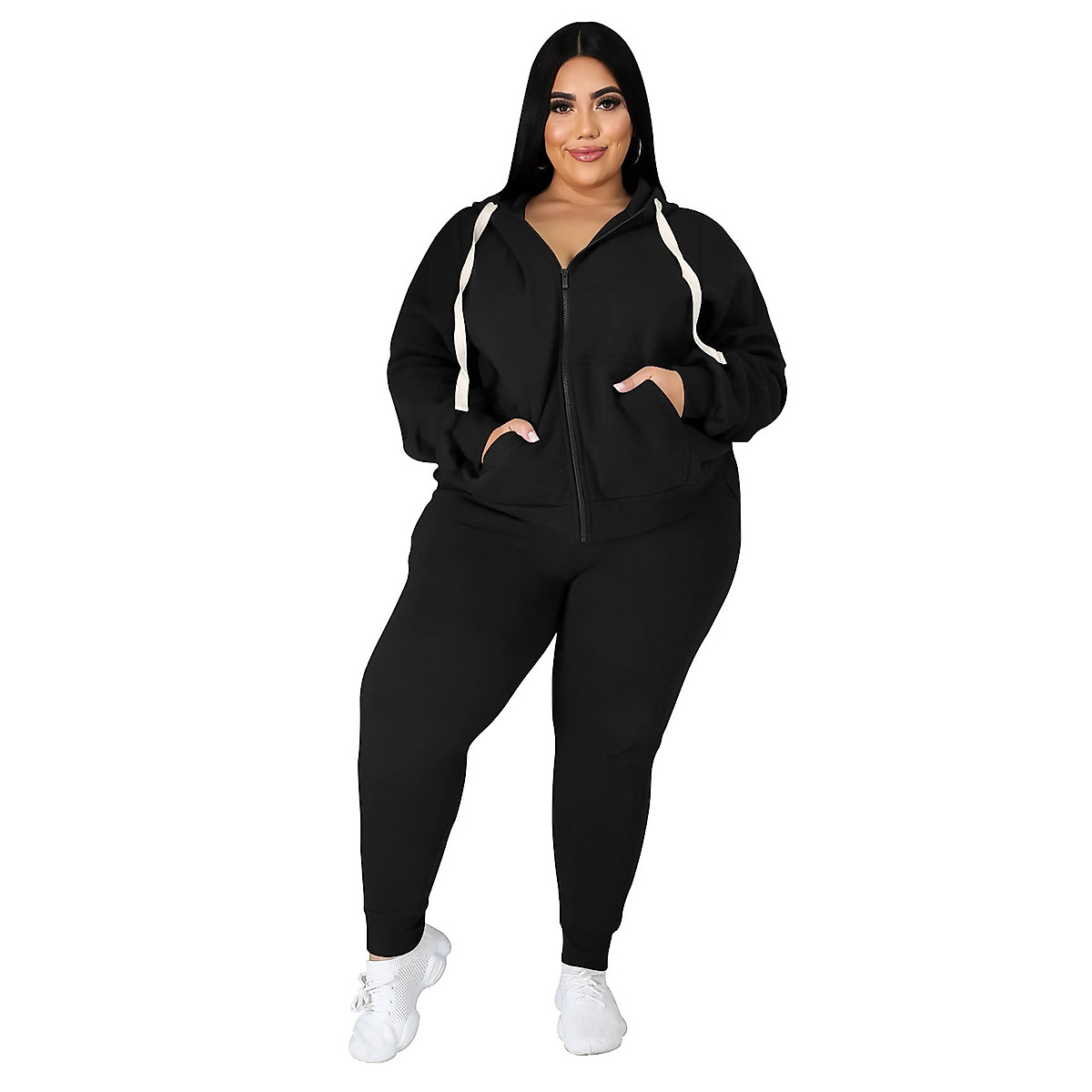 Tycorwd Women's Plus Size Two Piece Outfits Sweatsuits Sets Long Sleeve Loungewear Tracksuit Sets Black-3XL