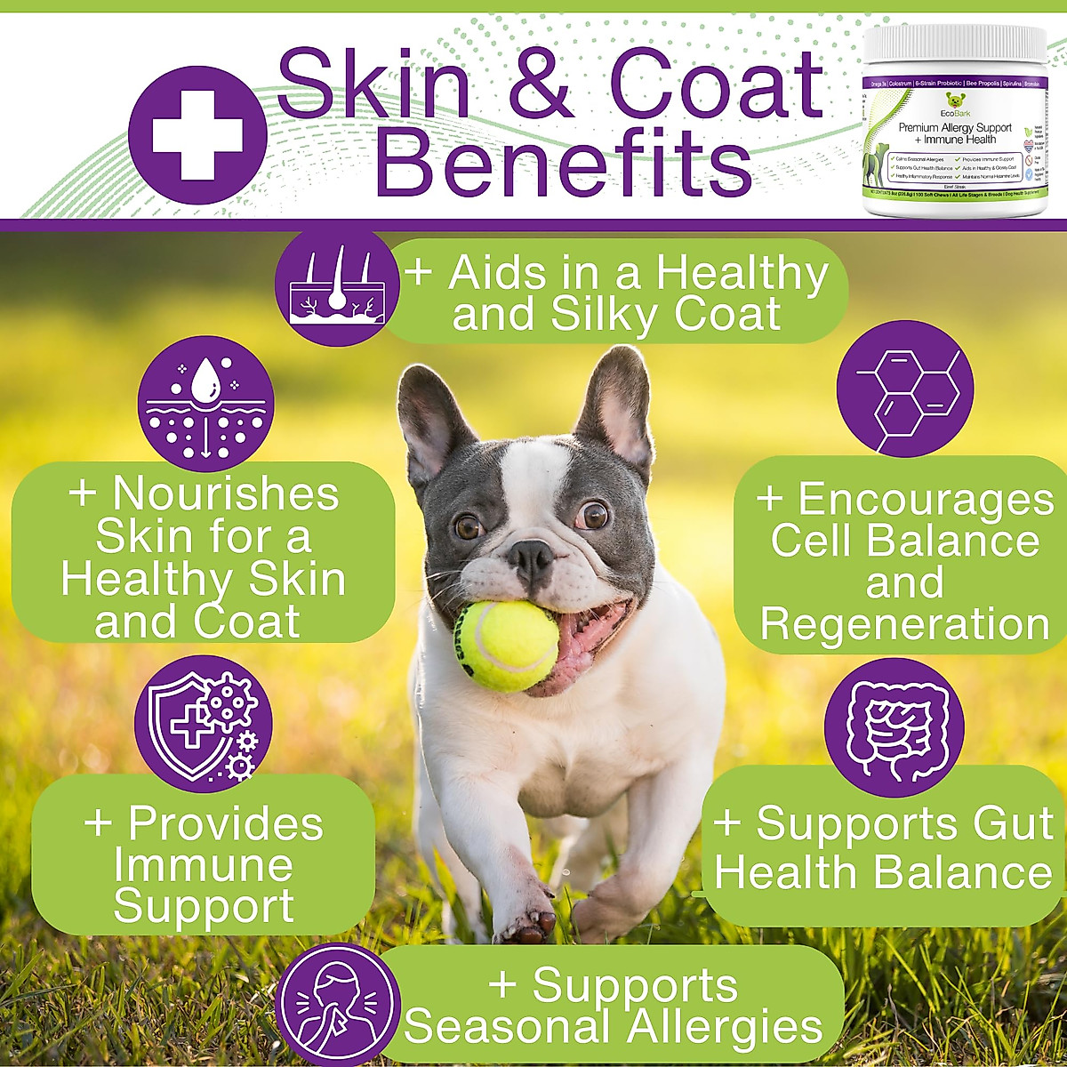 EcoBark Natural Dog Allergy & Immune Chews with Super Greens- Omega 3 Skin and Coat Supplements for Dogs - Gluten Free Probiotic Allergy Support & Relief for a Shiny Coat with Colostrum & Bee Propolis