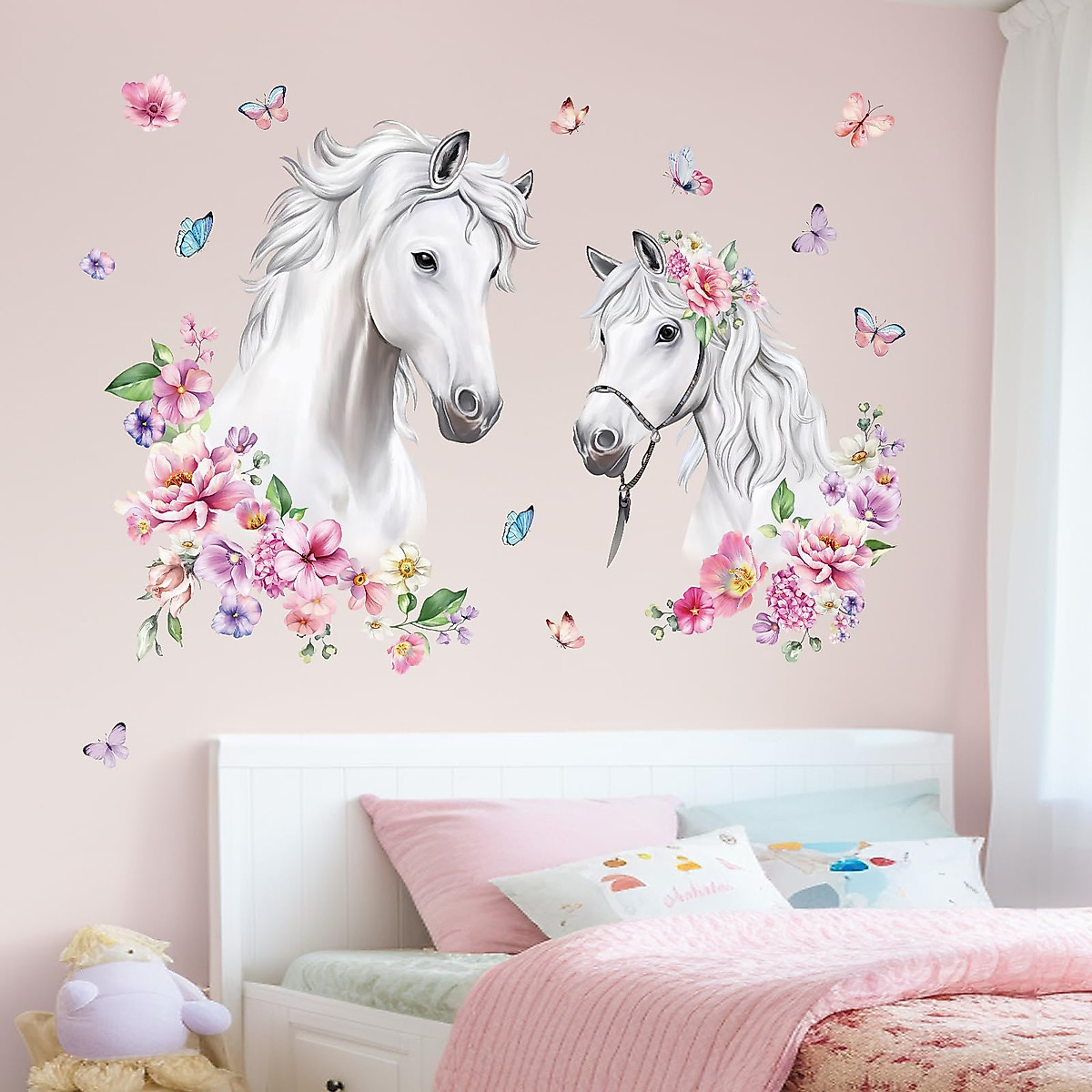 decalmile White Horse Flower Wall Decals Farm Animal Floral Butterfly Wall Stickers Baby Nursery Bedroom Living Room Wall Decor