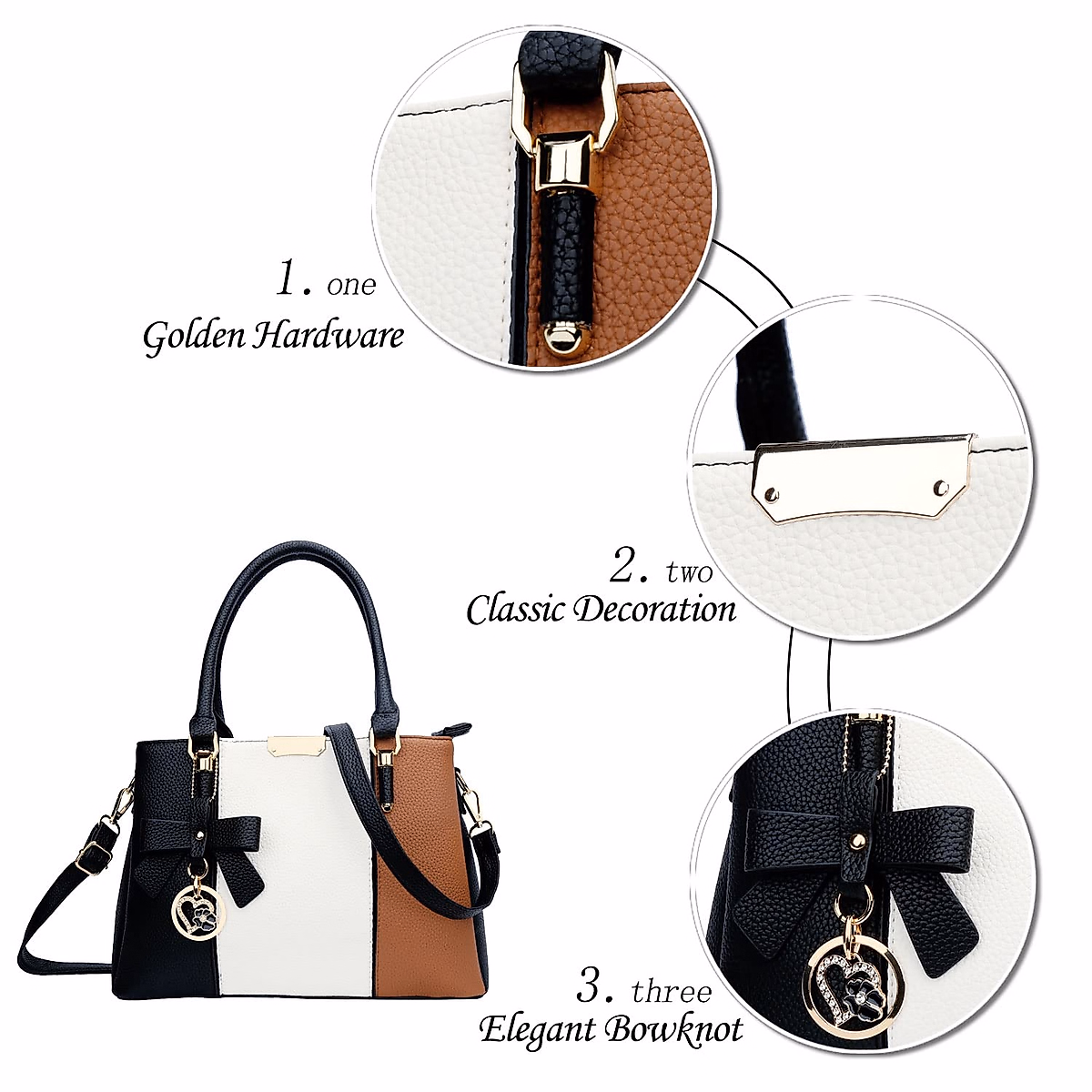 KKXIU 3 Zippered Compartments Purses and Handbags for Women Top Handle Satchel Shoulder Ladies Bags (A-Black White Brown)