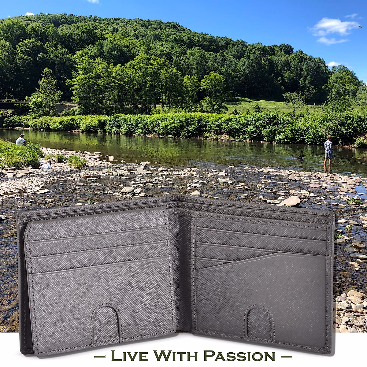 BULLGUARD Mens RFID Blocking Wallet Bifold with Flip Up ID in Saffiano Grey Genuine Leather