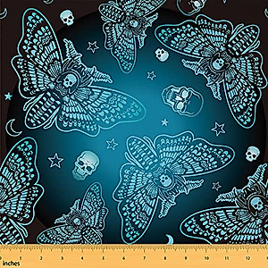 Moth Fabric by The Yard, Halloween Upholstery Fabric, Sugar Skull Decorative Fabric, Gothic Bones Skeletons Indoor Outdoor Fabric, Star Moon DIY Art Waterproof Fabric, Blue Black, 10 Yards
