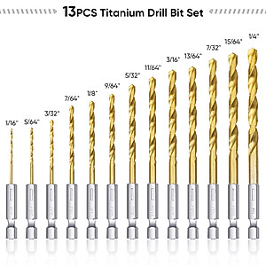 TICONN 13 PCS Titanium Coated Drill Bit Set with Hex Shank, 135 Degree Tip High Speed Steel Drill Bits Kit for Steel, Aluminum, Copper, Soft Alloy Steel Size from 1/16" to 1/4"
