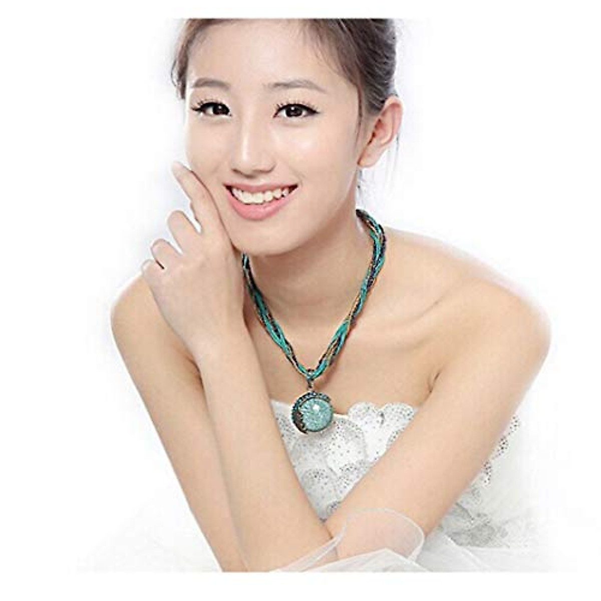 Harlorki Women Lady Retro Vintage Bohemian Style Twist Woven Rope Chain Turquoise Rhinestone Pendant Collar Necklace Fashion Jewelry