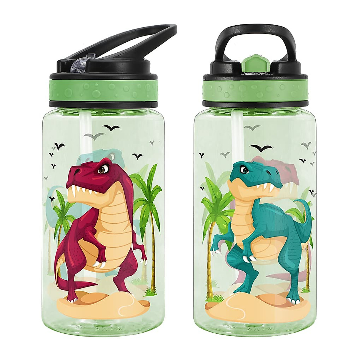 Home Tune Cute Water Bottle for Kids Girls Boys, BPA Free & Sturdy Print & Leak Proof Flip Straw & Carry Loop & Easy Clean, 15oz - Dinosaur