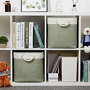 Temary Baskets 4 Pcs Cube Storage Bins for Shelves Bundled with 2 Fabric Storage Basket for Organizing Nursery, Home (White&Green, 13Lx13Wx13H inches, 16Lx12Wx12H Inches)
