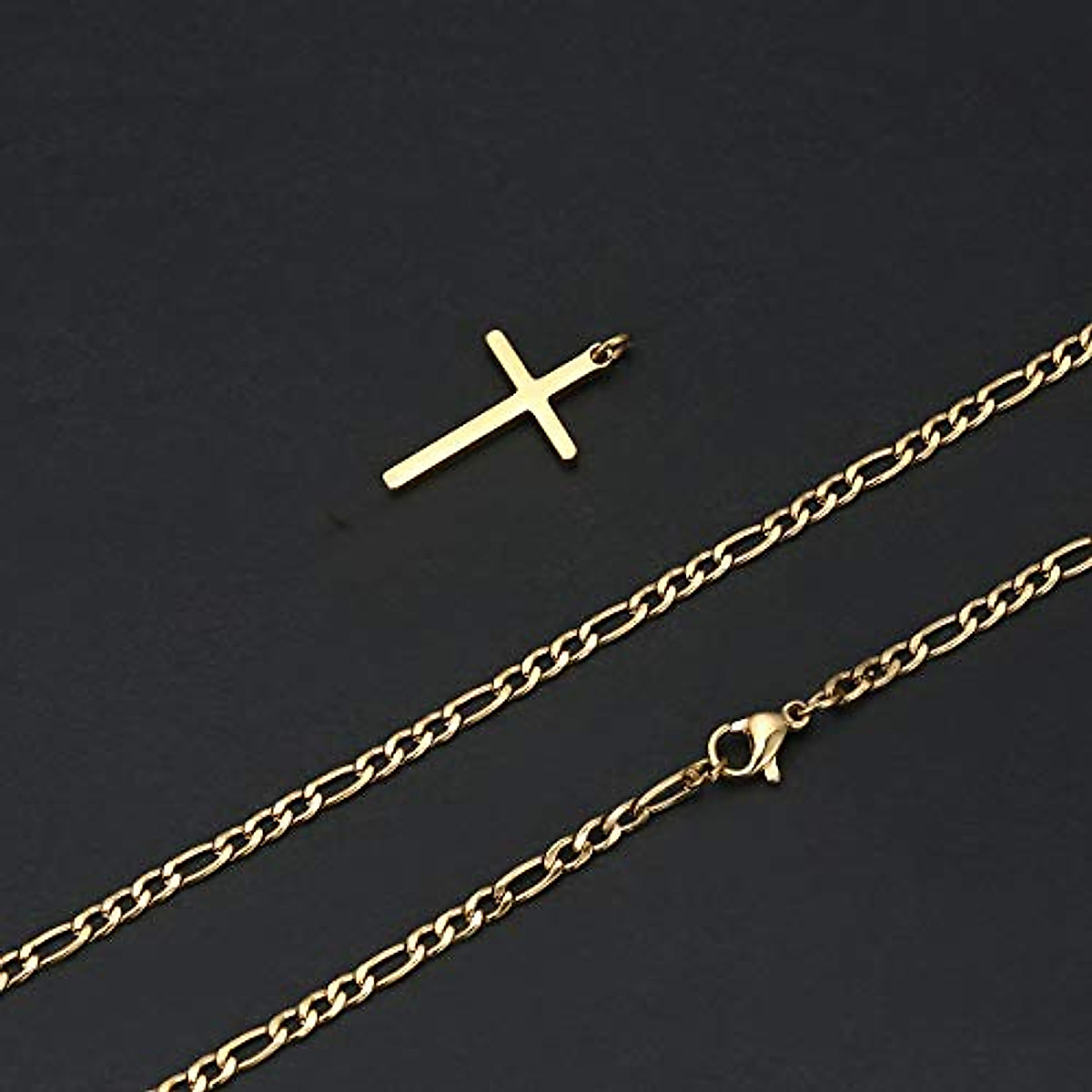 14K Gold Filled Cross Necklace for Men Figaro Chain Cross Necklace Stainless Steel Plain Cross Pendant Necklace Simple Faith Jewelry Gift for Boys 18"