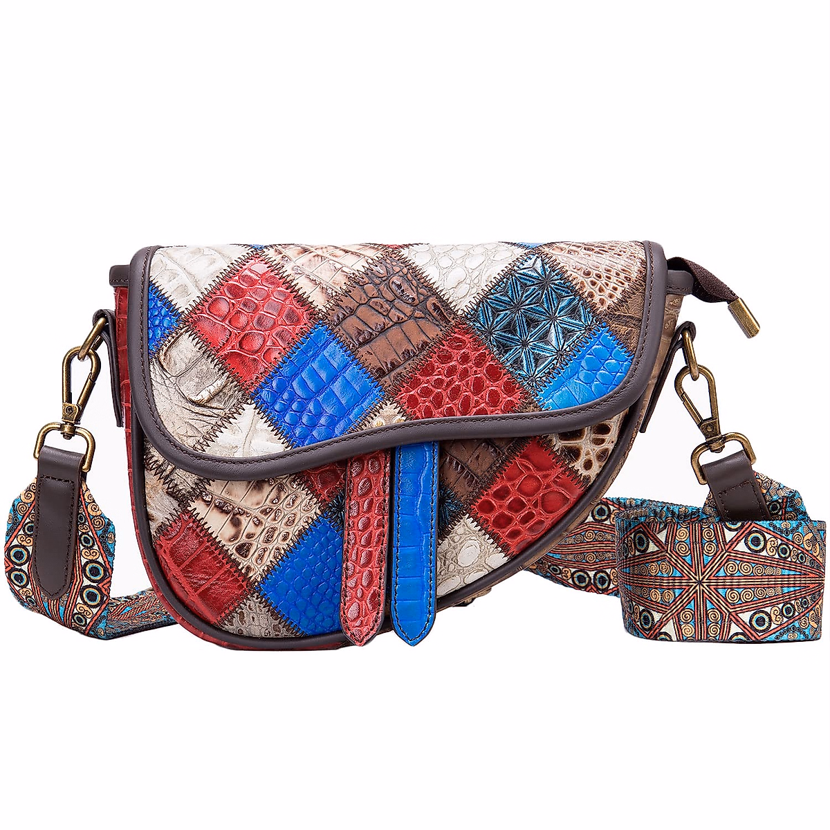 Karoukee Patchwork Small Crossbody Bag for Women Unique Genuine Leather Shoulder Bag Cell Phone Purse with Removable Shoulder Strap