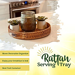 Sun Farm Home - Round Rattan Tray - 11.8 in x 1.7 in Hand Woven Tray with Built-in Handles Rustic Décor and Round Serving Tray for Coffee Table Tray, Ottoman, and Kitchen