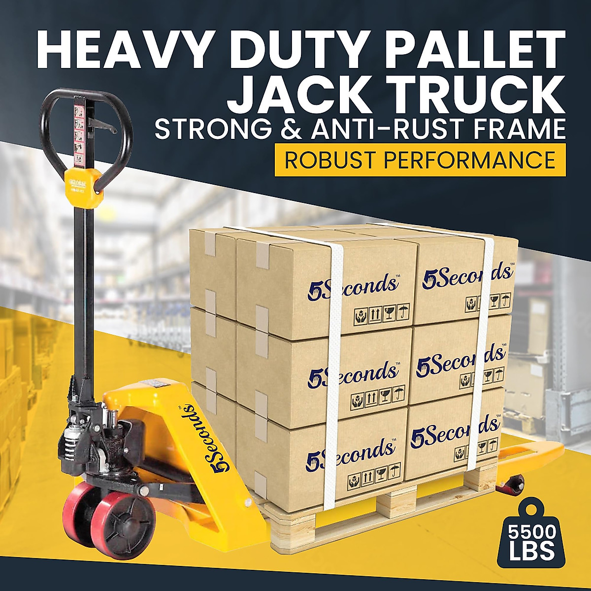 5Seconds - Steel Pallet Jack, Hand Lift Jack Tool with Hydraulics System, Safe Moving Equipment for Industrial & Commercial Use, 48" L x 27" W x 47" H, 5500lb Capacity, Fork Sizes 48” x 27”