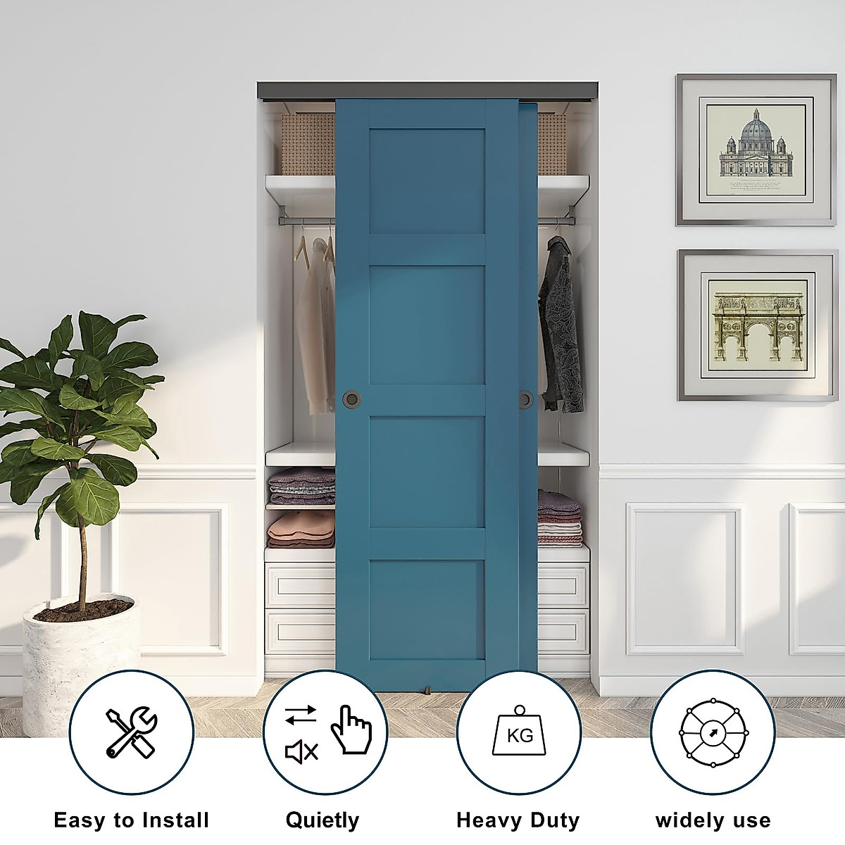 JUBEST 4FT Heavy Duty Bypass Door Hardware with Finger Pulls,Sturdy Aluminum Sliding Closet Door Track for 2 door System,Quietly and Smoothly,Fit Door Thickness 1 3/8" or 1 3/4",Easy to Install, Black