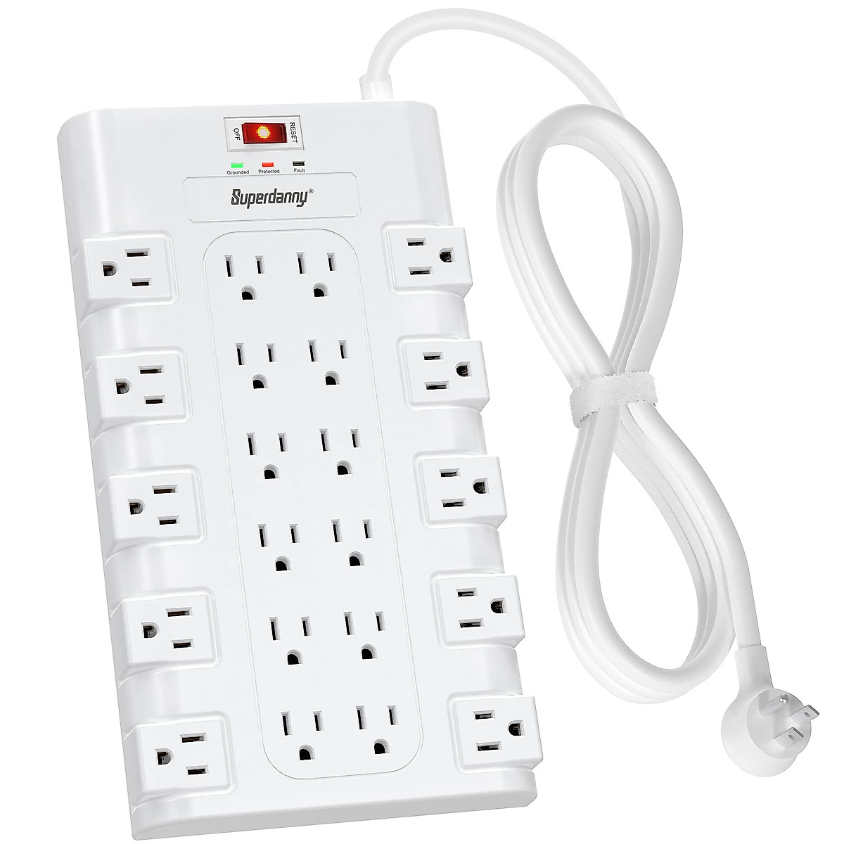 SUPERDANNY Power Strip Surge Protector, 22 AC Multiple Outlets, 1875W/15A, 2100 Joules, 6.5Ft Flat Plug Heavy Duty Extension Cord for Home, Office, Dorm, Gaming Room, White