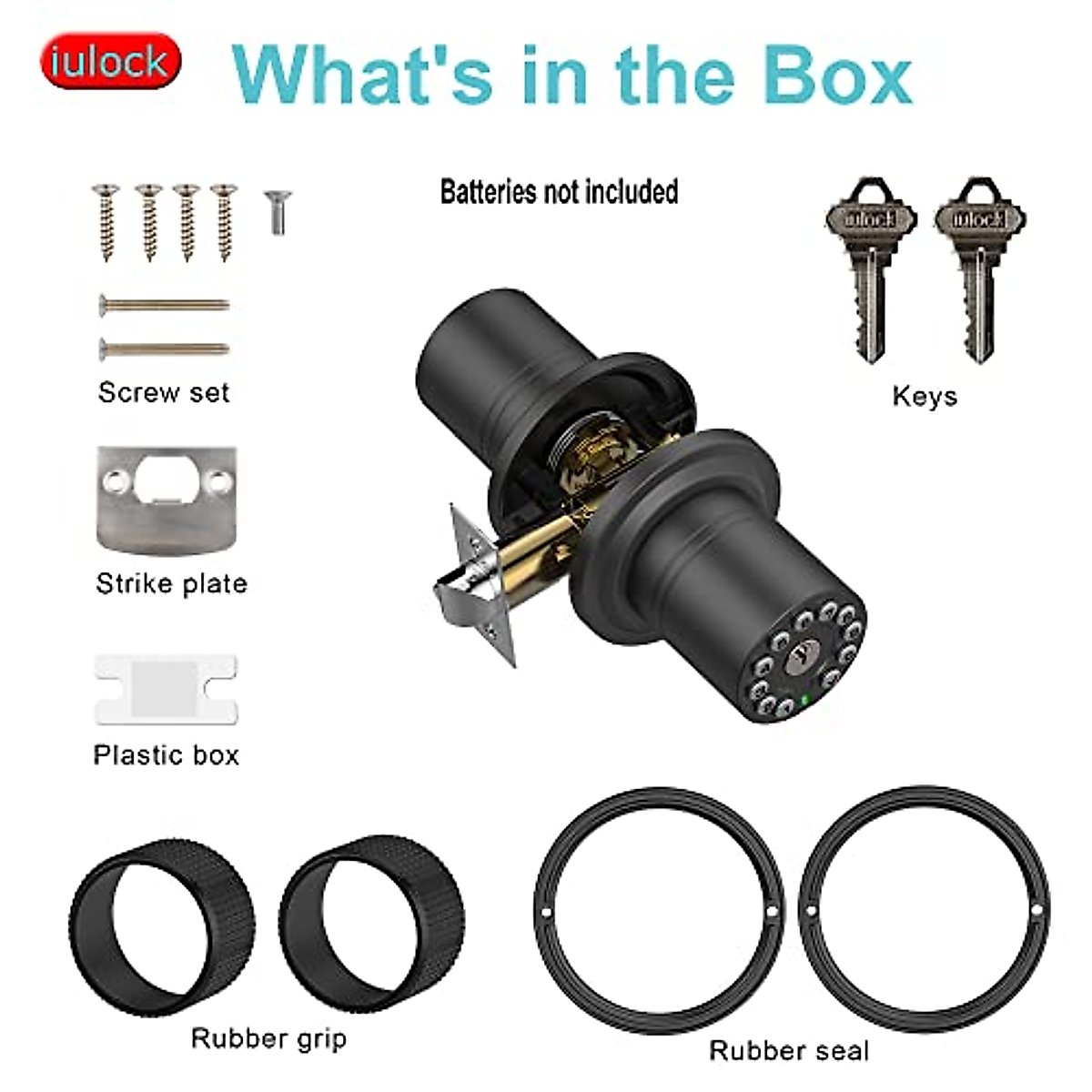 iulock Smart Door Knob with Keypad and Key,Keyless Entry Door Lock with Rubber Grip, Auto Lock,50 User Code,Waterproof, Easy to Install and Program for Bedroom Garage Office Gate (Matte Black)