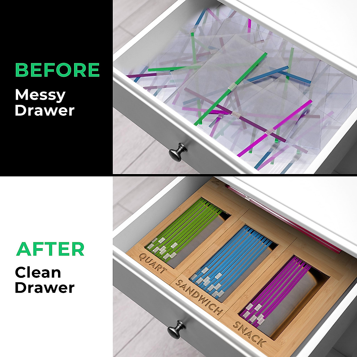 Magic Mill Ziplock Bag Organizer for Drawer | Bamboo Kitchen Storage Organization, Eco-Friendly Plastic Baggie Holder, Dispenser & Organizer for Ziploc Bags 4-PC