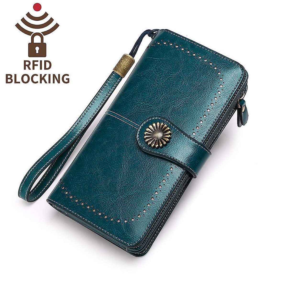 KELEEL Women's RFID Blocking Wallet Genuine Leather Clutch Wallet Card Holder Organizer Ladies Purse (Blue)