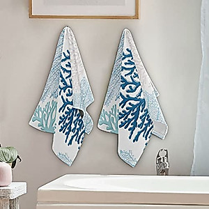 Blue Coral Hand Towel Set of 2, Nautical Teal Sea Coral Fingertip Towel Coastal Face Towel Ocean Washcloth for Farmhouse Cabin Bathroom