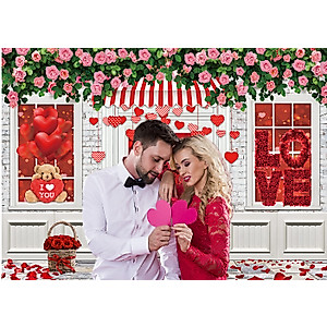 CYLYH 8X6FT Valentine's Day Backdrop Valentine's Day Store Backdrop Pink Rose Flower Brick Wall Background Love Wedding Bridal Shower Party Backdrops D807