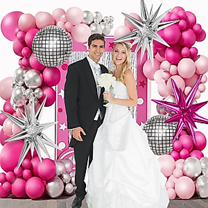 Hot Pink Silver Balloon Arch Kit, Silver Disco Ball Foil Curtains and Explosion Star Foil Balloon for Girl's 15/16/30th Birthday Princess 2024 Graduation Decorations