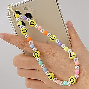 SYSUII Beaded Mobile Phone Lanyard Wrist Strap, Colorful Smile Beads Chain Phone Charm Phone Anti-lost Chain Cellphone Strap Hanging Cord for Women Girl Summer Trend Smiley Cute Jewelry