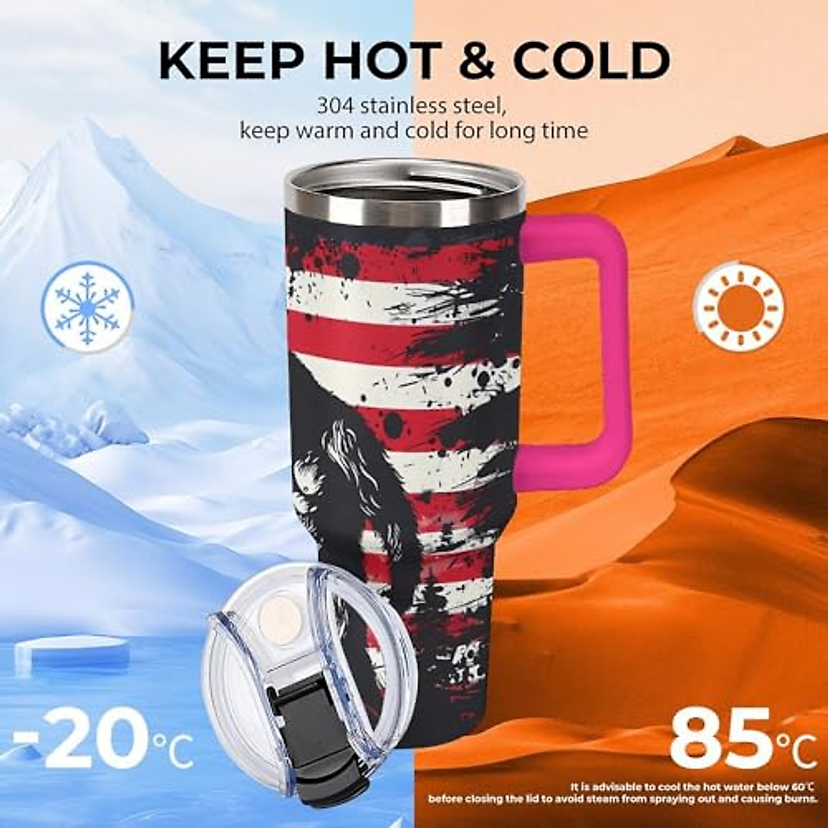 Bigfoot And American Flag Insulated Tumbler with Lid And Straw Stainless Steel Travel Coffee Mug 40oz Light Rose Red-style