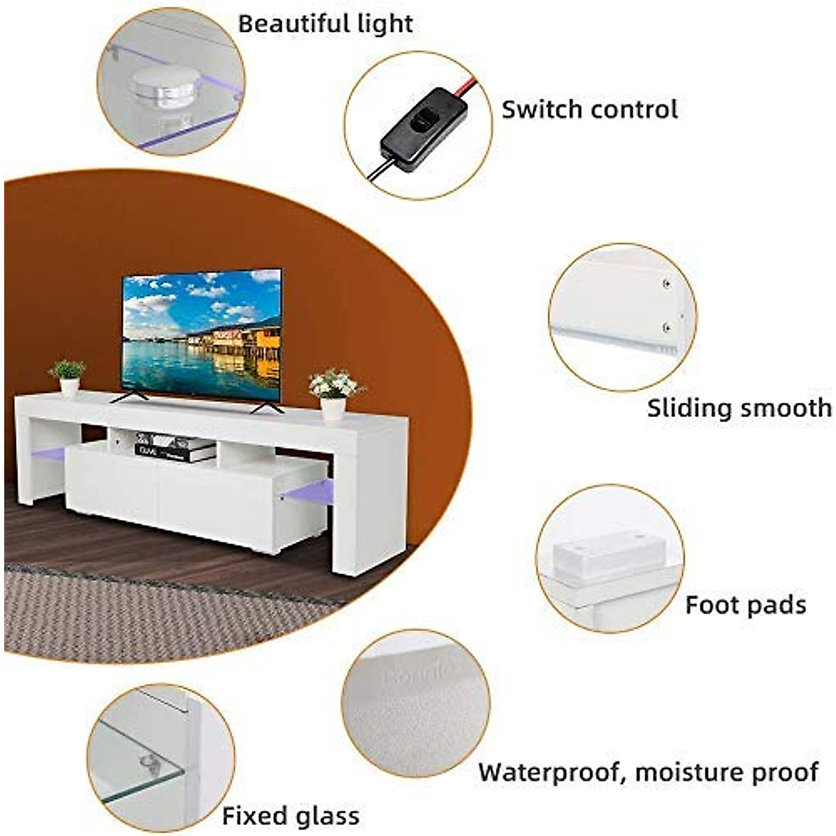 Modern TV Stand - Home TV Cabinet with Clolorful Lights and Storage Drawer, Entertainment Center for up to 60-inch TV Living Room (White)