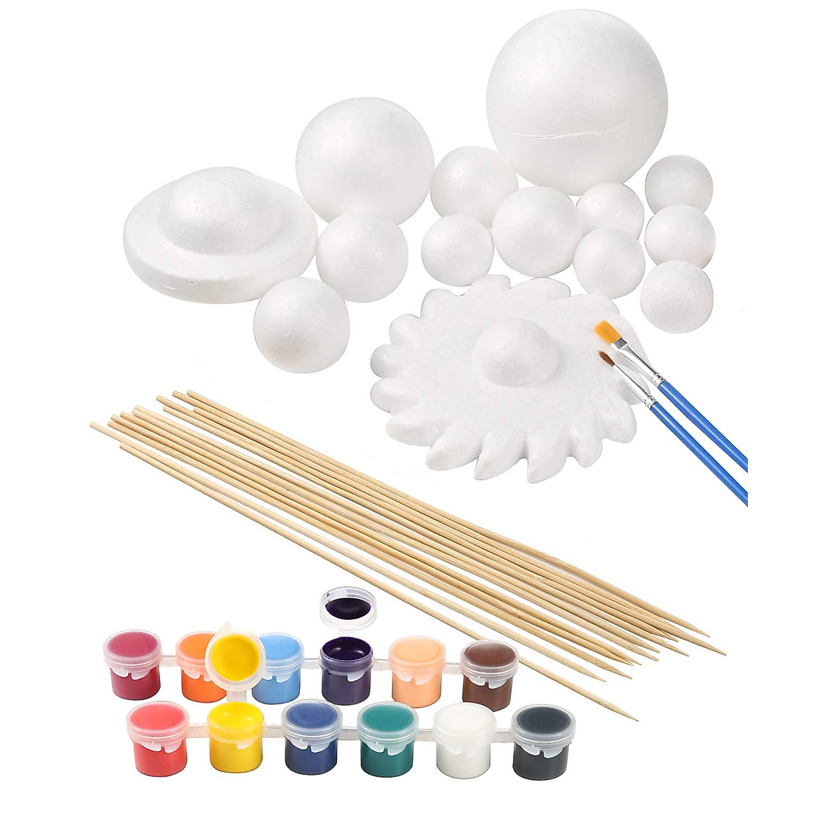 Pllieay Solar System Model Foam Ball Kit Includes 14PCS Mixed Sized Polystyrene Spheres Balls, 12PCS Bamboo Sticks, 12 Color Pigments, 2PCS Painting Brushes for School Science Projects