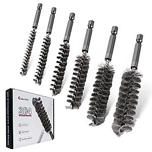 Columpro 6PCS 304 Stainless Steel Bore Brush Copper Pipe Cleaner, Twisted Wire Drill Brush,1/4 Inch Hex Shank S2 Steel Handle, for Power Drill Plumbing Tools