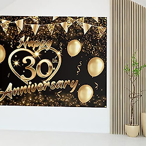 5665 Happy 30th Anniversary Backdrop Banner Decor Black Gold – Glitter Love Heart Happy 30 Years Wedding Anniversary Party Theme Decorations for Women Men Supplies