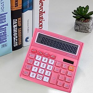 Office Desk Calculator 12 Digits with Solar Power and Easy to Read HD LCD Display, Big Buttons, for Financial Affairs,Home, Office, School, Class and Business,with Battery，Pink